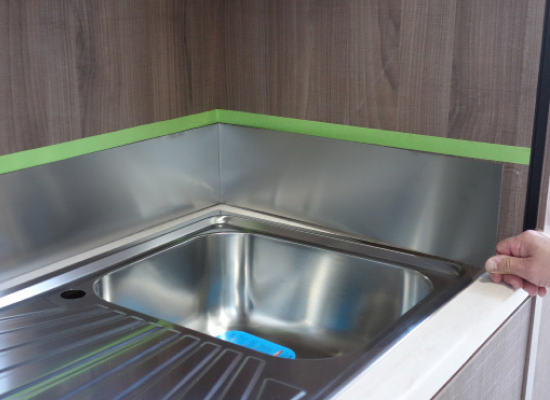 ASSEMBLY 16 - FITTING THE STAINLESS STEEL SPLASH BACK - Mini Kitchen